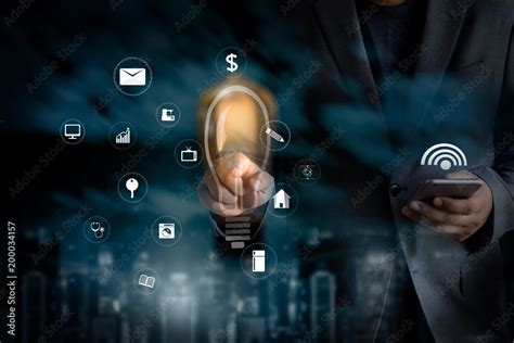 Internet Iot Man Use Smartphone Internet Of Things Technology Iot Word Diagram As Concept