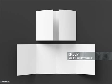 수직 이중 게이트 접이식 브로셔 패널 4개 8페이지 빈 전단지 프리젠 테이션 디자인을 위해 검은 배경에 대해 모의 전개 및 반 접힌 게이트에 대한 스톡 사진 및 기타 이미지