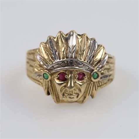 10kt Two Tone Gold Green And Red Stone Indian Head Ring Property Room