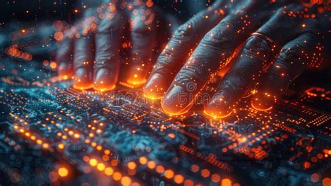 Hands Typing On A Glowing Digital Keyboard Stock Image Image Of