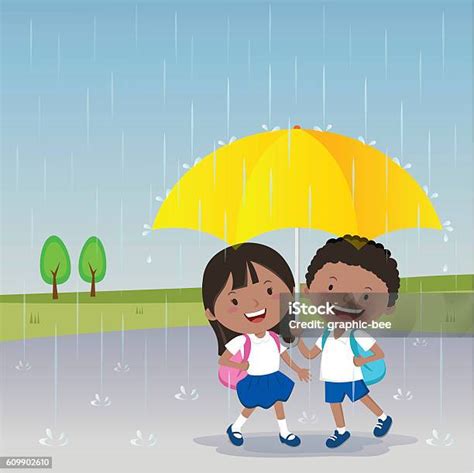 우산 아래 어린이 비오는 날 날씨에 대한 스톡 벡터 아트 및 기타 이미지 날씨 만화 일러스트레이션 Istock