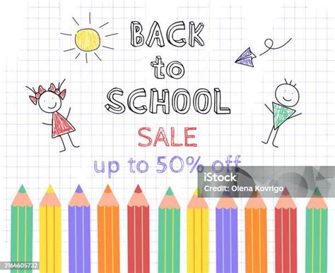 학교 배너로 돌아 가기 판매 연필과 손으로 그린 아이들이 그리는 체크 무늬 공책 색연필과 화려한 텍스트 배너 포스터 배경 광고에 대한 스톡 벡터 아트 및 기타 이미지