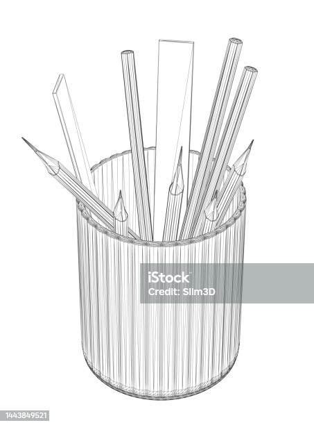 흰색 배경에 격리된 검은색 선에서 유리에 연필과 눈금자의 와이어프레임 아이소메트릭 뷰 3d 벡터 그림입니다 3차원 형태에 대한