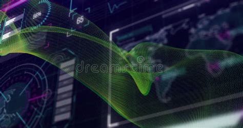 Animation Of Green Light Trails And Data Processing Over Screens On