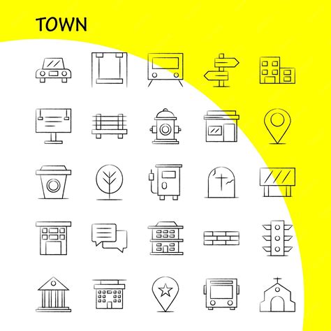 인포그래픽 모바일 Uxui 키트 및 인쇄 디자인에 대한 마을 손으로 그린 아이콘 설정 위치 지도 마을 교회 집 마을 공원 놀이터 아이콘 세트 벡터 포함 무료 벡터