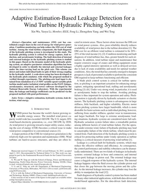 Pdf Adaptive Estimation Based Leakage Detection For A Wind Turbine