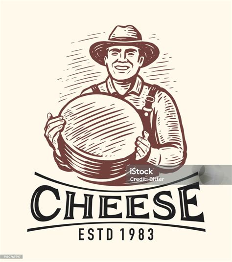 치즈를 들고 있는 농부 유제품 천연 유기농 식품 상징 우유 농장 로고입니다 빈티지 스케치 벡터 일러스트 레이 션 판화 제작물에 대한 스톡 벡터 아트 및 기타 이미지 Istock