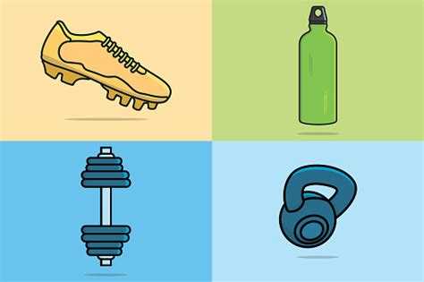 체육관 휘트니스 요소 벡터 그림의 집합입니다 체육관 운동 아이콘 개념입니다 식수병과 신발 신발 벡터 디자인으로 덤벨 운동 Championship에 대한 스톡 벡터 아트 및