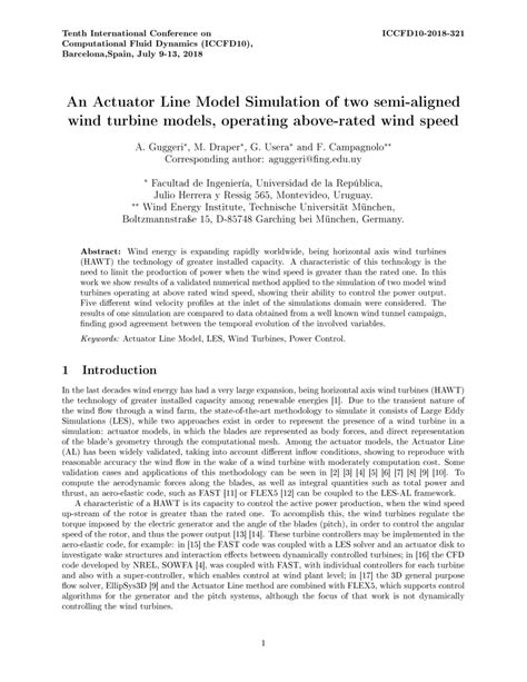 Pdf An Actuator Line Model Simulation Of Two Semi Aligned Wind Turbine Models Operating Above