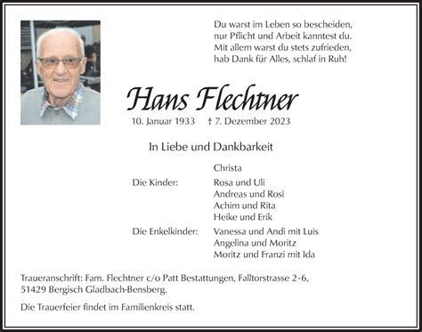 Traueranzeigen Von Hans Flechtner Wirtrauern