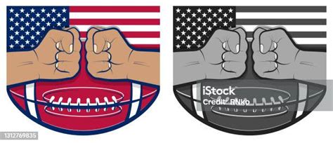 선수의 두 강한 손은 미식 축구 공과 미국 국기의 배경에 주먹에 꽉 스포츠의 라이벌 벡터 공 스포츠 장비에 대한 스톡 벡터 아트