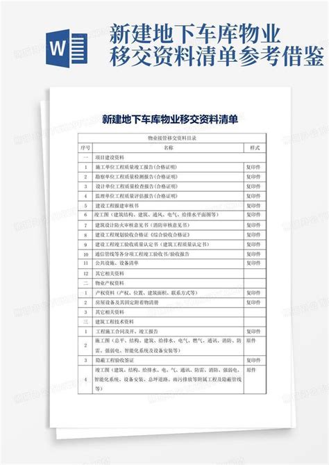新建地下车库物业移交资料清单参考借鉴Word模板下载 编号qrknemjy 熊猫办公
