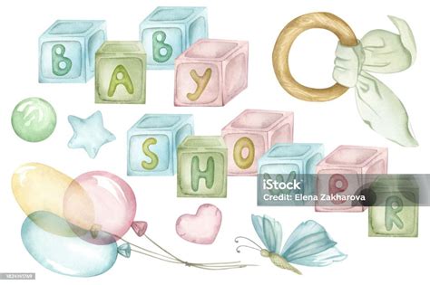 휴일 생일 베이비 샤워 신생아를 위한 어린이 장난감 큐브 풍선 및 신생아 또는 생일 소년을위한 피라미드가있는 코끼리의 수채화