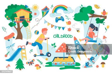 어린 시절 개념 고립 된 요소 세트 아이들의 번들은 놀이터에서 놀고 그네에 소녀 소년은 스쿠터 샌드 박스 나무 집 야외 활동을 타고 플랫 만화 디자인의 벡터 일러스트레이션