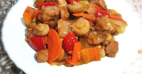 Мясо с овощами и грибами в кисло сладком соусе 151 ккал рецепт с фото пошаговый от Любовь