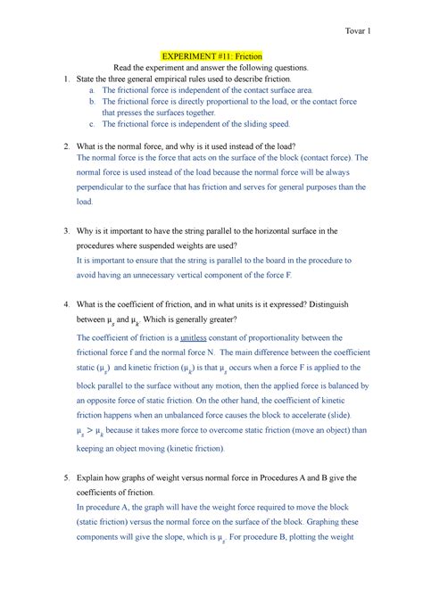 PHYS Pre Lab Experiment Tovar EXPERIMENT Friction Read The Experiment And