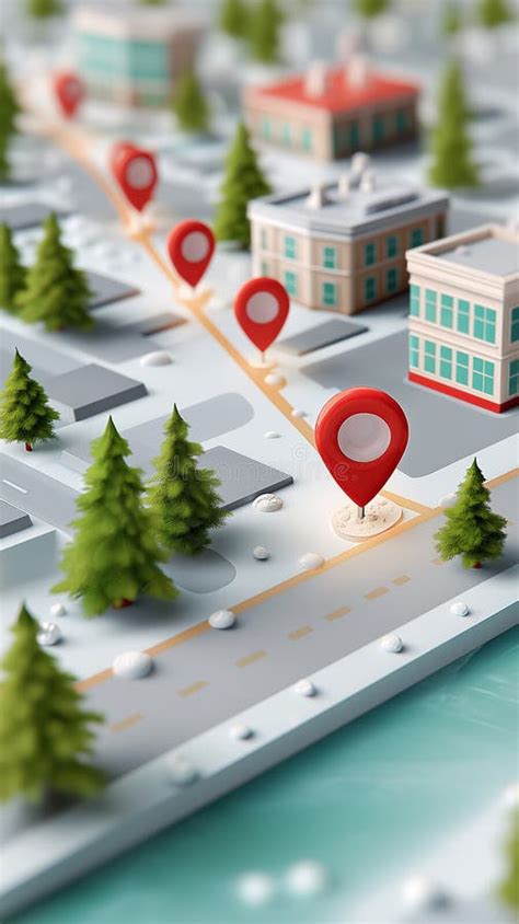 3d Model Represents A Map With Red Location Markers Along A Pathway