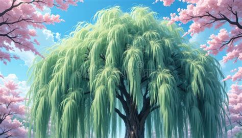 Anime Willow Scene Mint Green Tree Sakura Sky Stock Illustration Illustration Of Willow