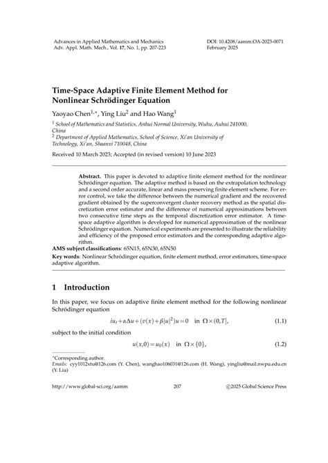 Global Science Press Time Space Adaptive Finite Element Method For