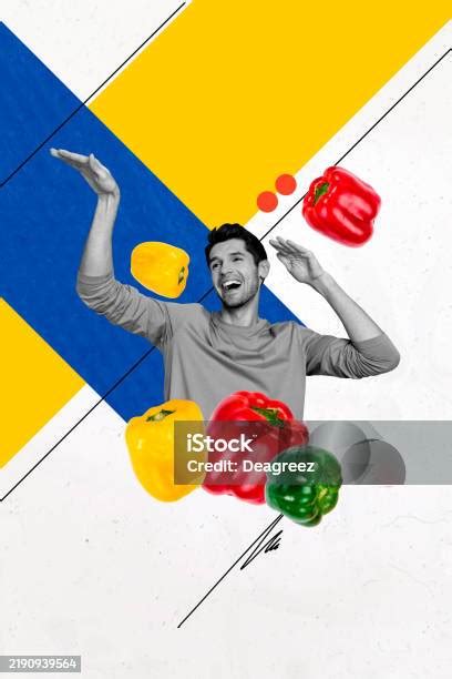 트렌드 삽화 스케치 디자인 몽타주 3d 콜라주 젊은이 미소 댄스 손 몸짓 종이 야채 성분 요리사 준비하다 쿡 건강한 식생활에 대한 스톡 사진 및 기타 이미지 Istock