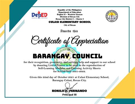 Culasi Elementary School Would Like To Award This Certificate Of