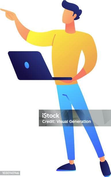 노트북으로 서 하 고 가리키는 손가락 벡터 일러스트 레이 션 개발자 3차원 형태에 대한 스톡 벡터 아트 및 기타 이미지 3차원 형태 기업 비즈니스 기업가 Istock
