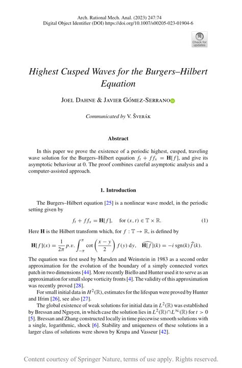 Highest Cusped Waves For The Burgers Hilbert Equation
