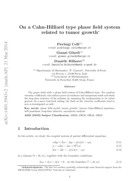 Pdf On A Cahn Hilliard Type Phase Field System Danielle Hilhorst