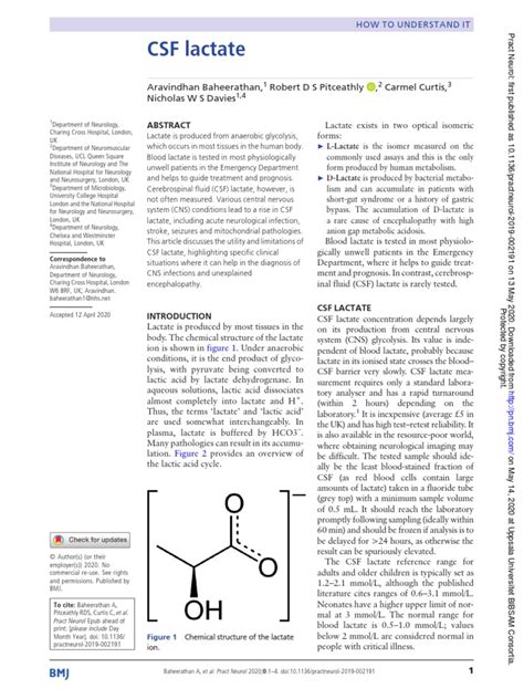 Csf Lactate Pdf Meningitis Lactate Dehydrogenase