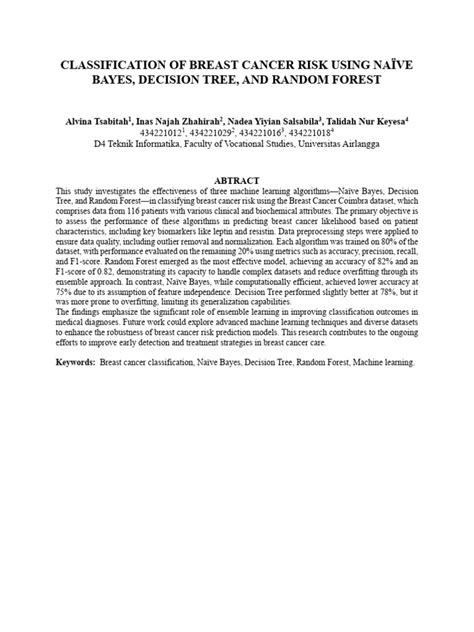 Classification Of Breast Cancer Risk Using Naïve Bayes Decision Tree And Random Forest Pdf