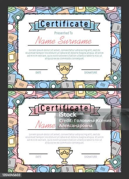 책 배경과 골드 우승자 컵 남자와 여자를위한 분홍색과 파란색의 어린이 인증서 증명서에 대한 스톡 벡터 아트 및 기타 이미지