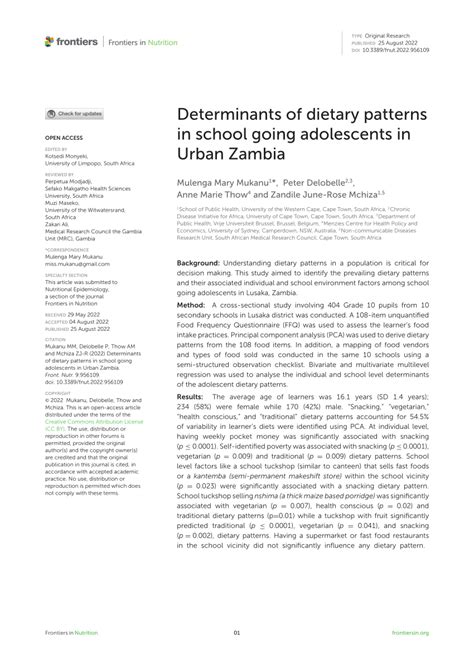 Pdf Determinants Of Dietary Patterns In School Going Adolescents In Urban Zambia