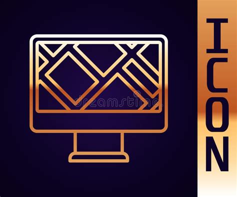 Gold Line Computer Monitor And Folded Map With Location Marker Icon Isolated On Black Background