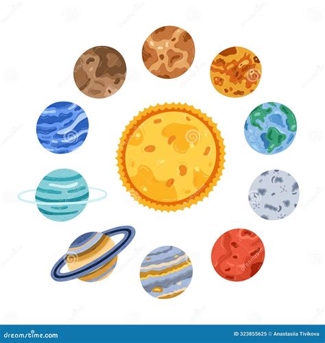 Funny Cartoon Set With Planets And Satellite Of Solar System Flying Around The Sun In Sequence
