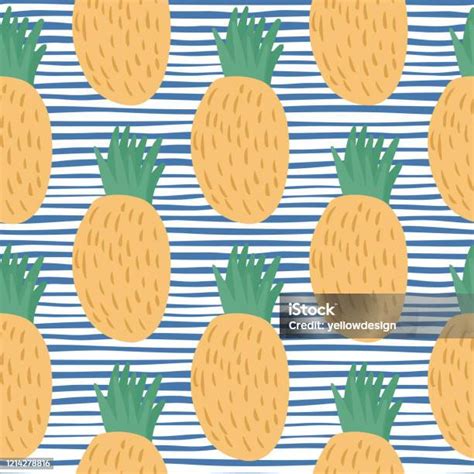 파란색 줄무늬 배경에 유행 노란색 파인애플 원활한 패턴입니다 0명에 대한 스톡 벡터 아트 및 기타 이미지 0명 과일 귀여운 Istock