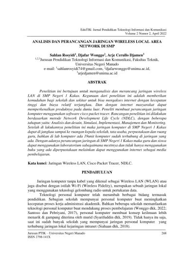 Analisis Dan Perancangan Jaringan Wireless Local Area Network Di Smp