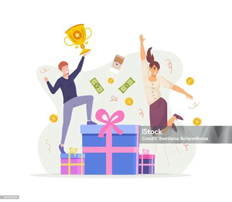 선물 상자 더미에 서서 보상을 받는 행복한 사람들 우승자 컵과 그들 주위에 날아 다니는 돈으로 승리를 축하하는 즐거운 커플