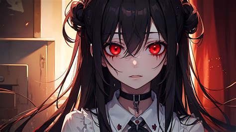 Horror Anime Girl With Red Eyes With Blak Hair Wearing Uniform Dark