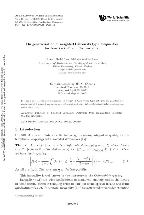 Pdf On Generalization Of Weighted Ostrowski Type Inequalities For Functions Of Bounded Variation