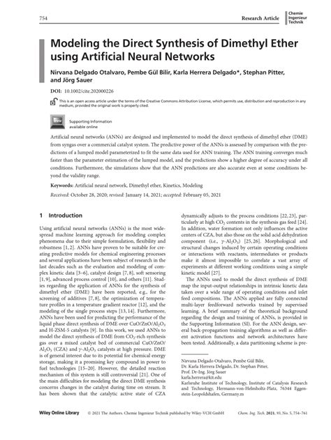Pdf Modeling The Direct Synthesis Of Dimethyl Ether Using Artificial