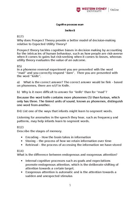 Cognitive Processes Exam April 27 Cognitive Processes Exam Section B B17 Why Does Prospect
