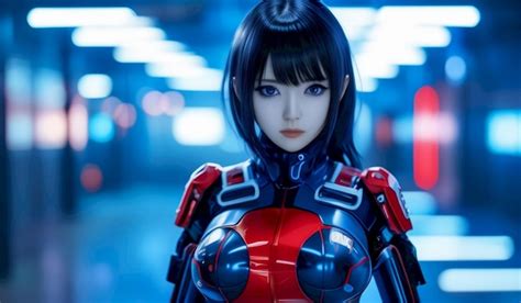 Young Woman Black Hair Blue And Red Suit Futuristic Robotic Costume Premium Ai Generated Image