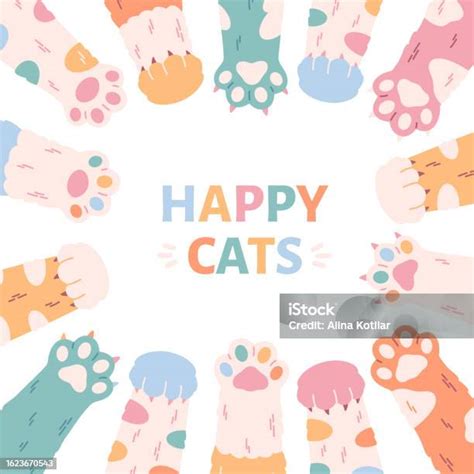 귀여운 화려한 고양이 발입니다 고양이와 인사말 카드입니다 국제 고양이의 날 플랫 스타일의 벡터 그림 갈고리 발톱에 대한 스톡 벡터 아트 및 기타 이미지 Istock