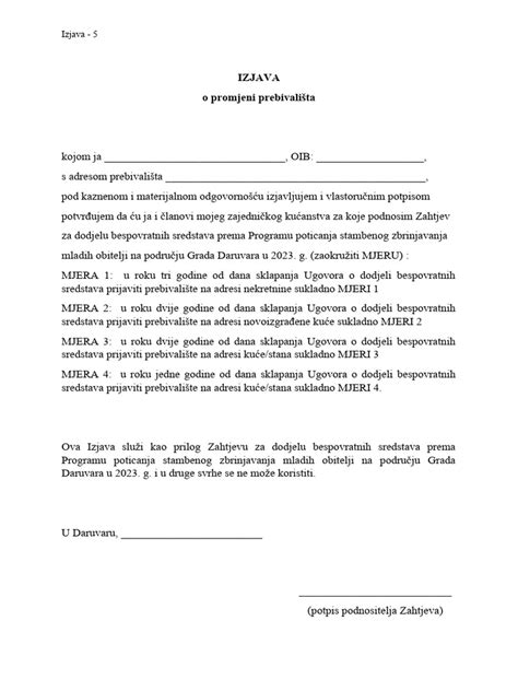 Izjava 5 Izjava O Promjeni Prebivališta Pdf