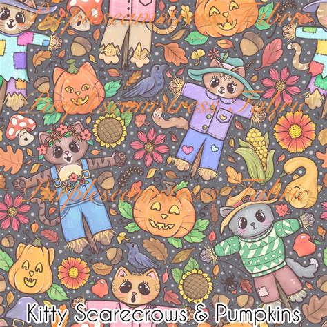 Kitty Scarecrow And Pumpkins Purpleseamstress Fabric