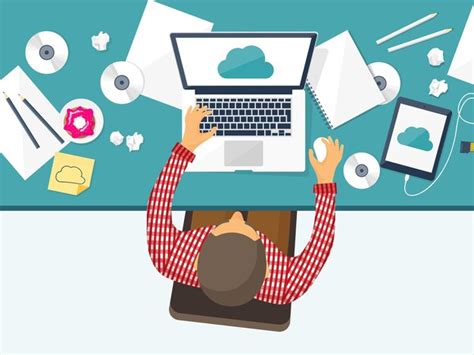 Premium Vector Vector Illustration Workplace Table With Documents Computer Flat Cloud