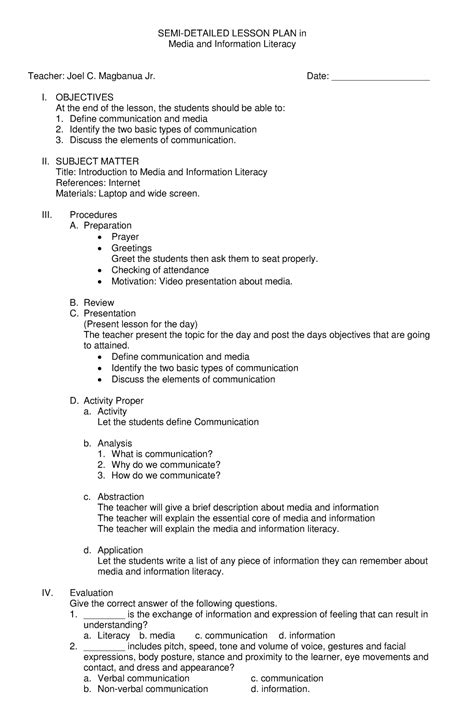 Semi Detailed Lesson Plan Format Compress Semi Detailed Lesson Plan In Media And Information