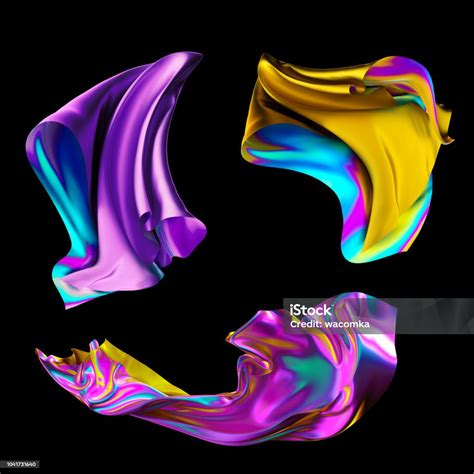 3d 렌더링 무지개 빛깔의 홀로그램 호 일 금속 피복 패션 접힌된 직물 화려한 직물 디자인 요소 세트 검은 배경에 고립 3차원 형태에 대한 스톡 사진 및 기타 이미지