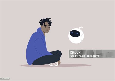 챗봇 새로운 기술 및 현대 라이프 스타일과 채팅하는 젊은 남성 아프리카 캐릭터 Brand Name Online Messaging Platform에 대한 스톡 벡터 아트 및