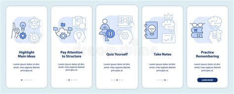 Learning And Memorizing Techniques Light Blue Onboarding Mobile App Screen Stock Vector